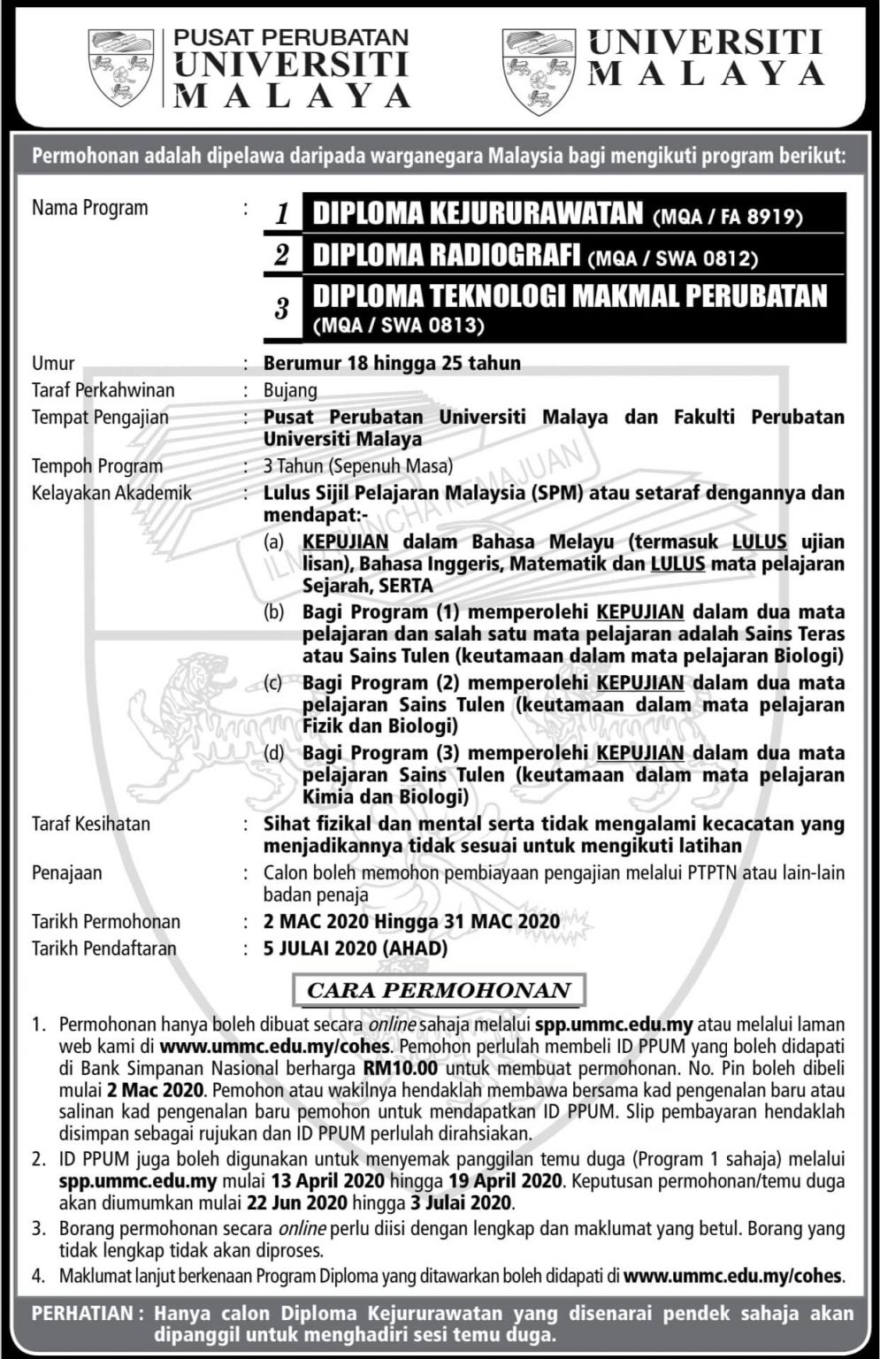 Permohonan Diploma Kejururawatan PPUM 2020: Pusat Perubatan Universiti ...