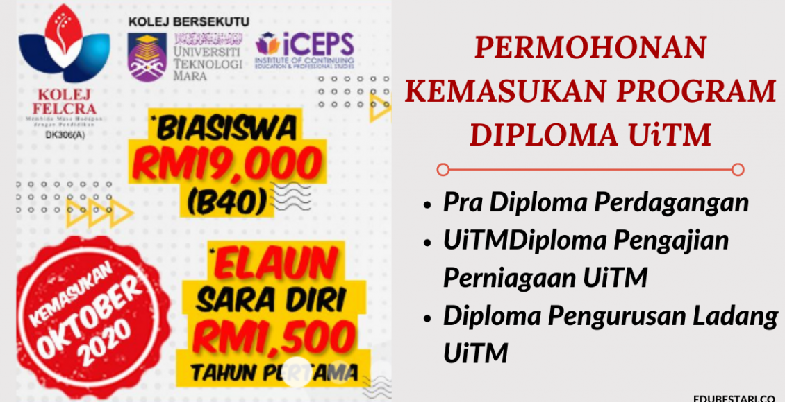 Permohonan Kemasukan Program Diploma UiTM. Terima Biasiswa RM19,000 & Elaun Sara Diri RM1,500 ...