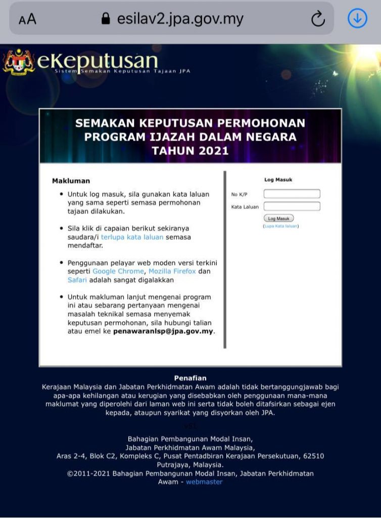 Semakan Keputusan Permohonan Tajaan JPA Program Ijazah Dalam Negara ...