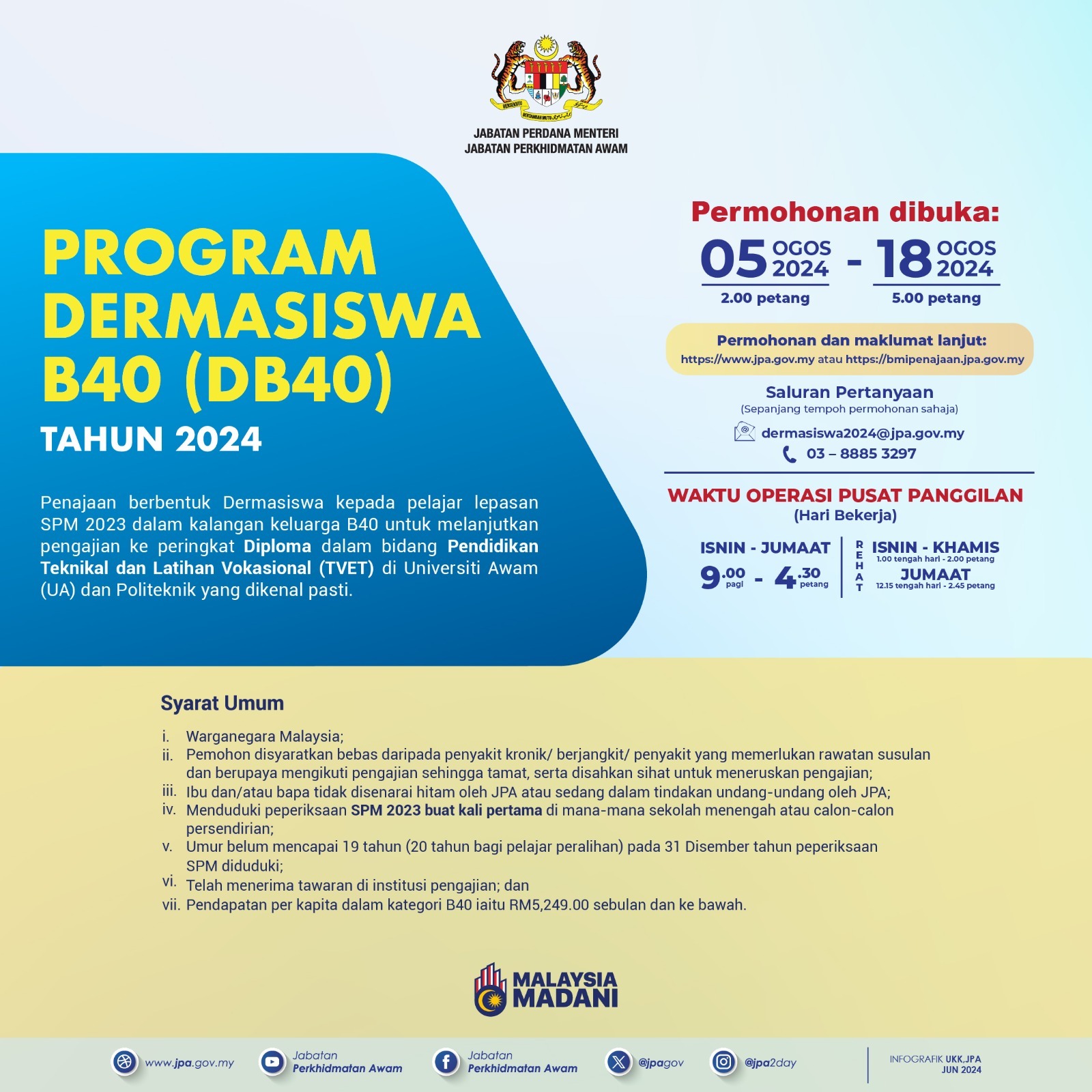 Tarikh Permohonan Program Dermasiswa B40 (DB40) JPA Di Buka » EduBestari