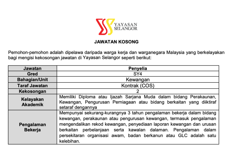 Jawatan Kosong Yayasan Selangor – Penyelia Kewangan Gred SY4 (2 ...
