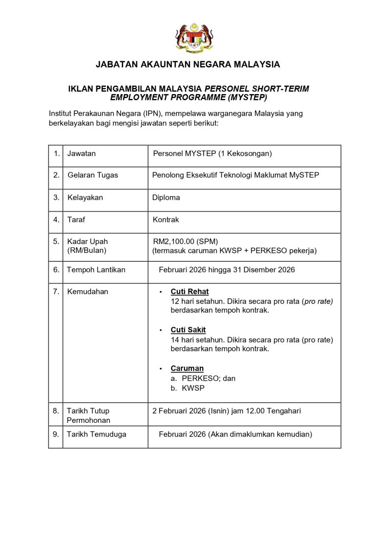 Jawatan MySTEP JANM 2026 – Penolong Eksekutif Teknologi Maklumat Di ...